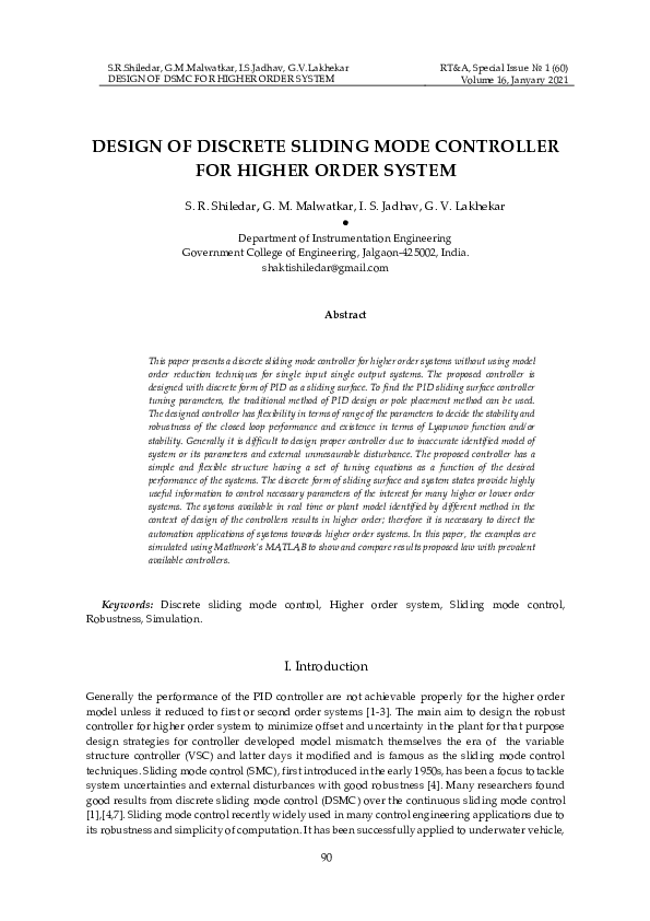 Pdf Design Of Discrete Sliding Mode Controller For Higher Order System