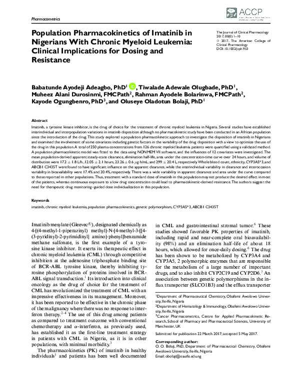 (PDF) Population Pharmacokinetics of Imatinib in Nigerians With Chronic Myeloid Leukemia ...