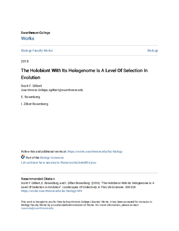 (PDF) The Holobiont With Its Hologenome Is A Level Of Selection In ...