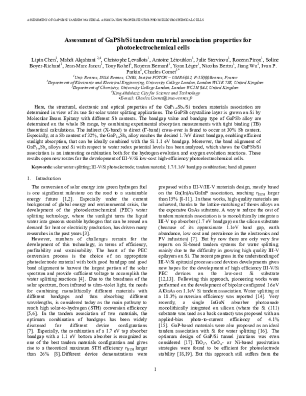 (PDF) Assessment of GaPSb/Si tandem material association properties for ...