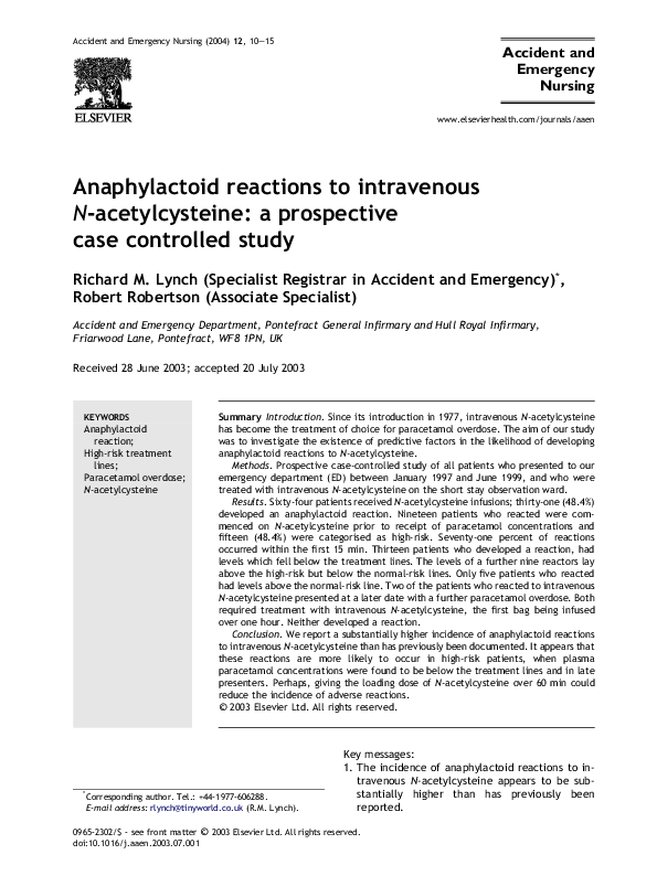 (PDF) Anaphylactoid reactions to intravenous N-acetylcysteine: a ...