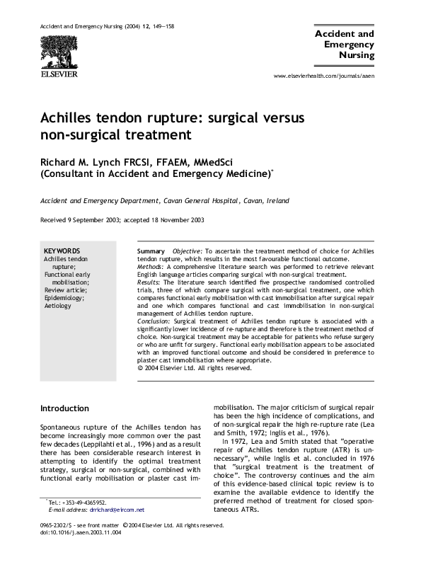 (PDF) Achilles tendon rupture: surgical versus non-surgical treatment