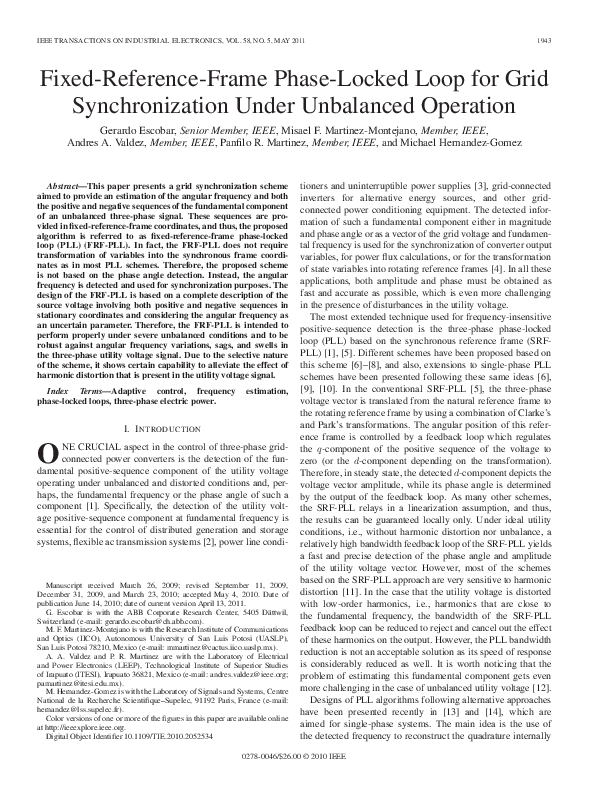 Pdf Fixed Reference Frame Phase Locked Loop For Grid Synchronization