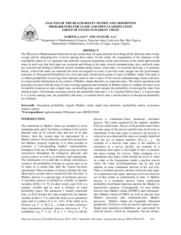 (PDF) ANALYSIS OF THE REACHABILITY MATRIX AND ABSORPTION PROBABILITIES FOR CLOSE AND OPEN ...