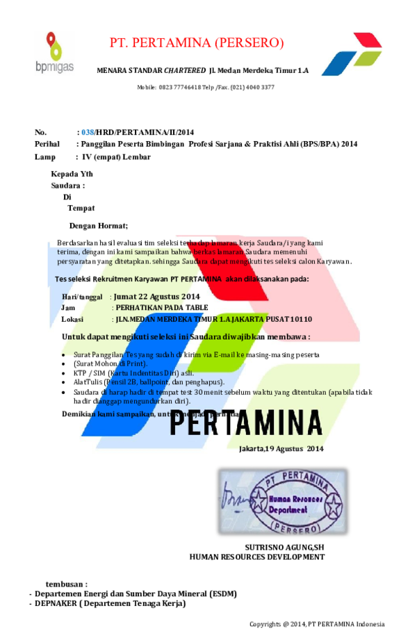 (DOC) No. : 038/HRD/PERTAMINA/II/2014 Perihal : Panggilan Peserta ...