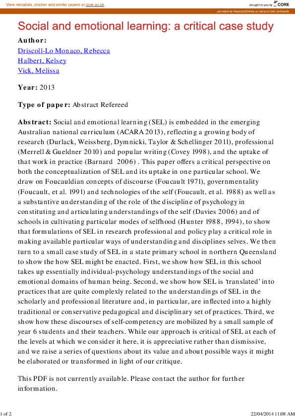 (PDF) Social and emotional learning: a critical case study
