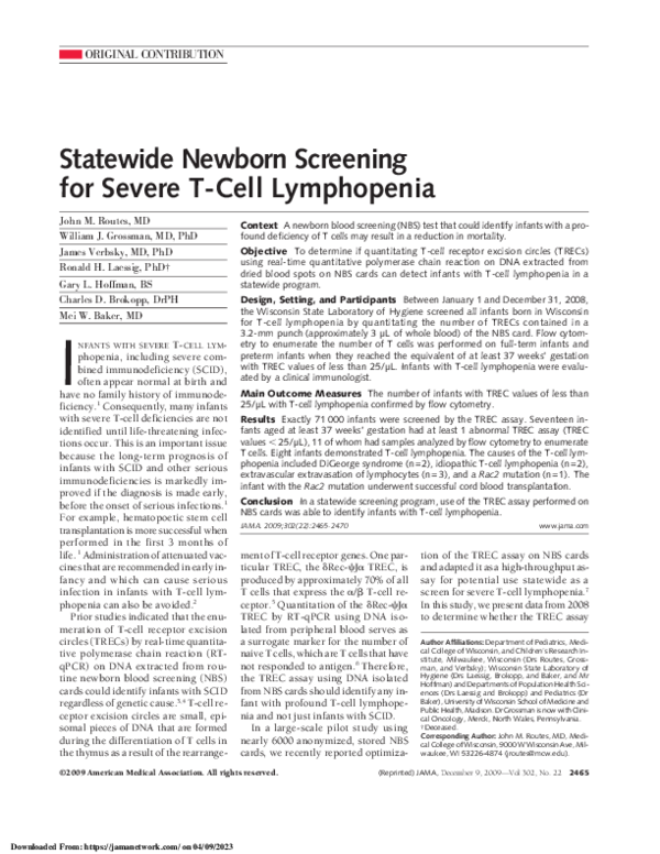 (PDF) Statewide Newborn Screening for Severe T-Cell Lymphopenia