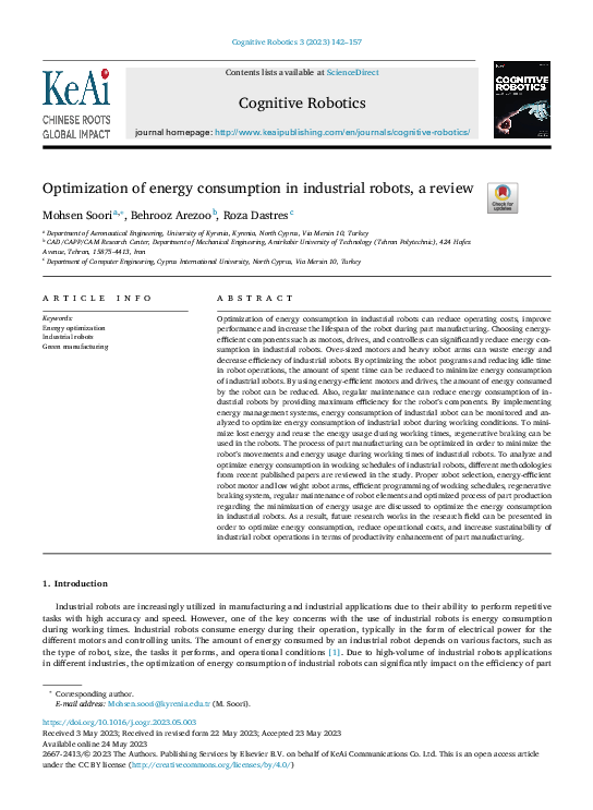 (PDF) Optimization of Energy Consumption in Industrial Robots, A Review