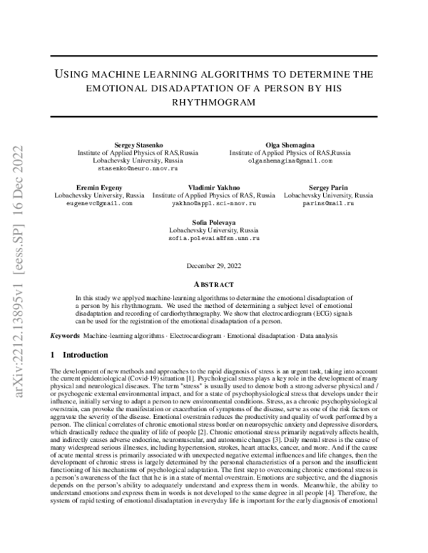 (PDF) Using machine learning algorithms to determine the emotional disadaptation of a person by ...