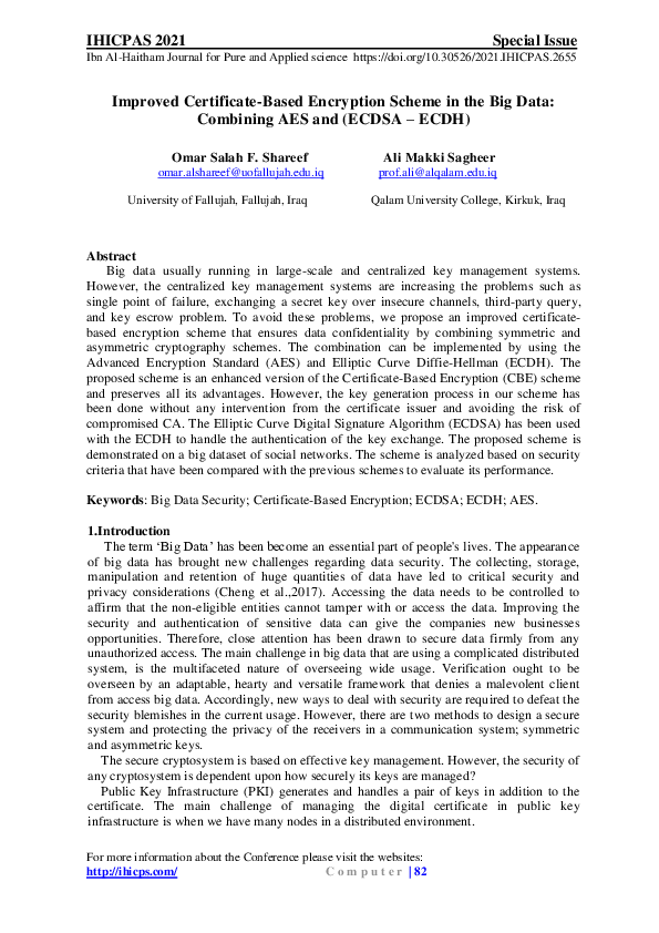 Pdf Improved Certificate Based Encryption Scheme In The Big Data Combining Aes And Ecdsa â