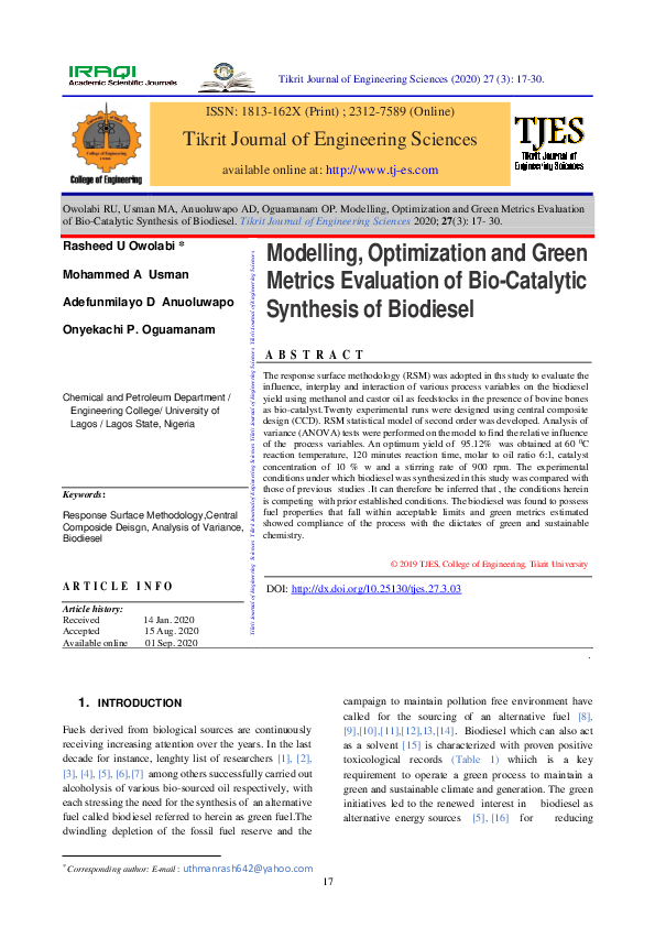 (PDF) Modelling, Optimization and Green Metrics Evaluation of Bio ...