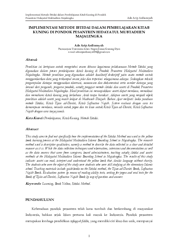 (PDF) Implementasi Metode Ibridai Dalam Pembelajaran Kitab Kuning Di Pondok Pesantren Hidayaytul ...