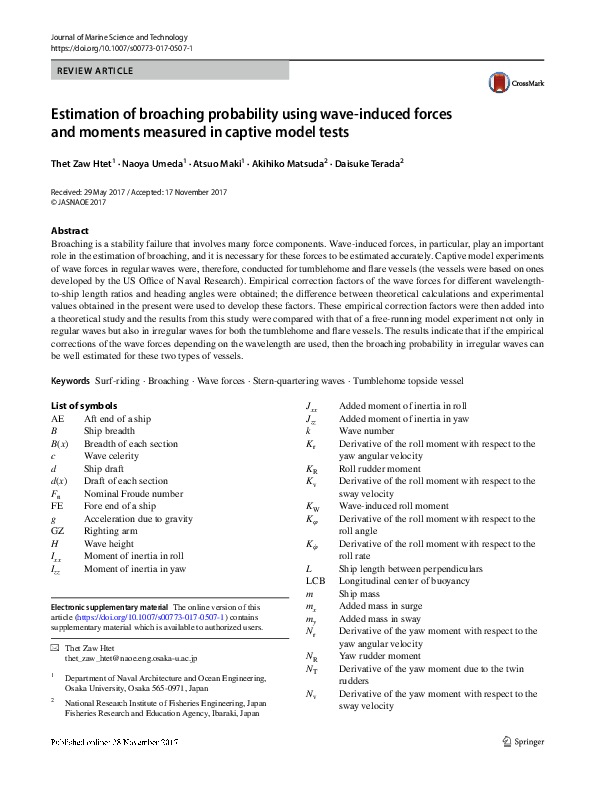 (PDF) Estimation of broaching probability using wave-induced forces and moments measured in ...