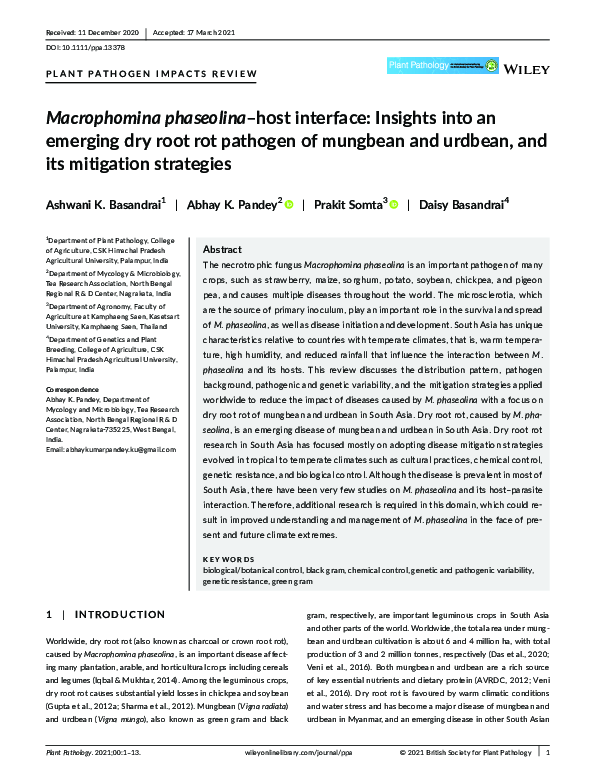 (PDF) Macrophomina phaseolina –host interface: Insights into an ...