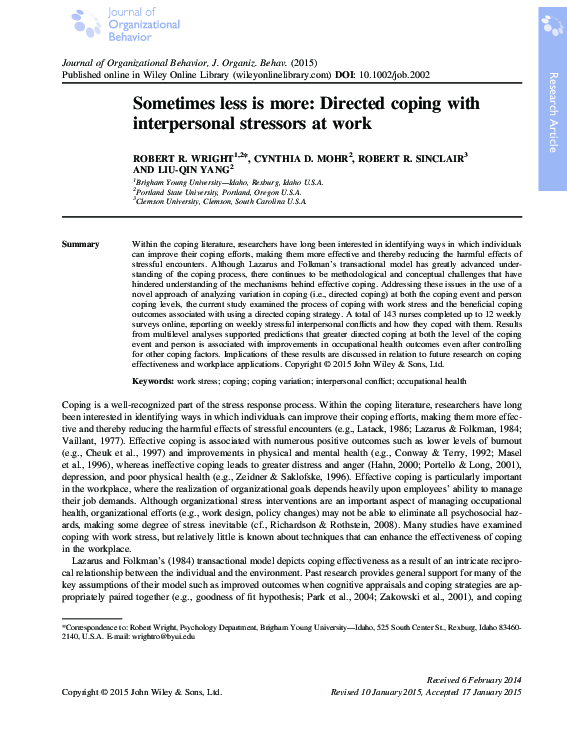 (PDF) Sometimes less is more: Directed coping with interpersonal ...