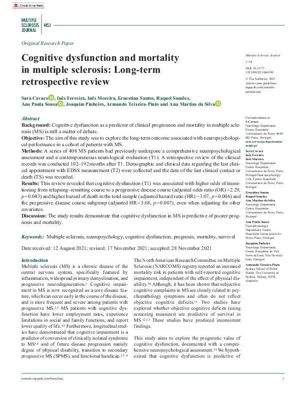 (PDF) Cognitive dysfunction and mortality in multiple sclerosis: Long ...