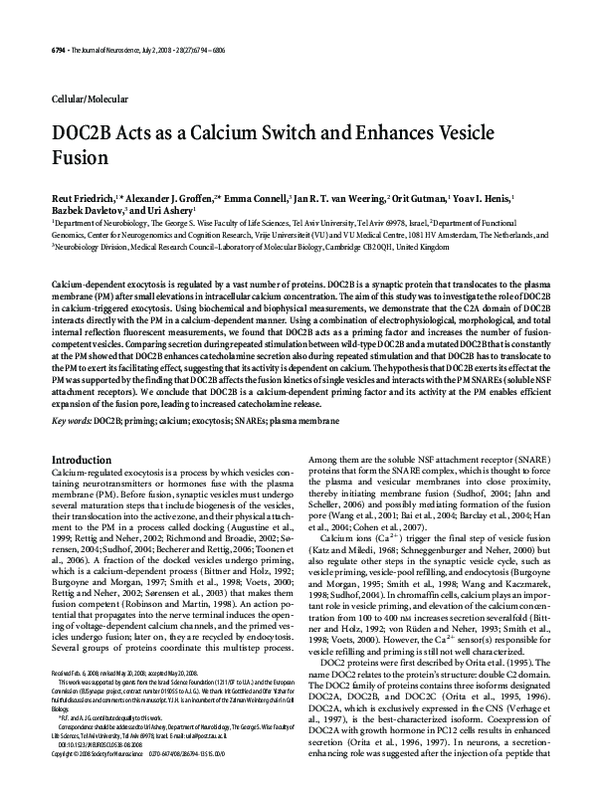 (PDF) DOC2B Acts as a Calcium Switch and Enhances Vesicle Fusion