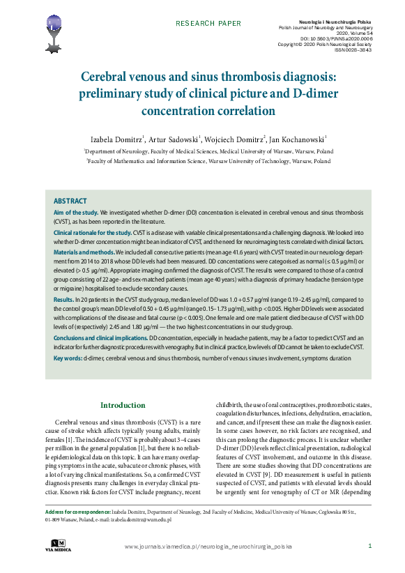 (PDF) Cerebral venous and sinus thrombosis diagnosis: preliminary study of clinical picture and ...