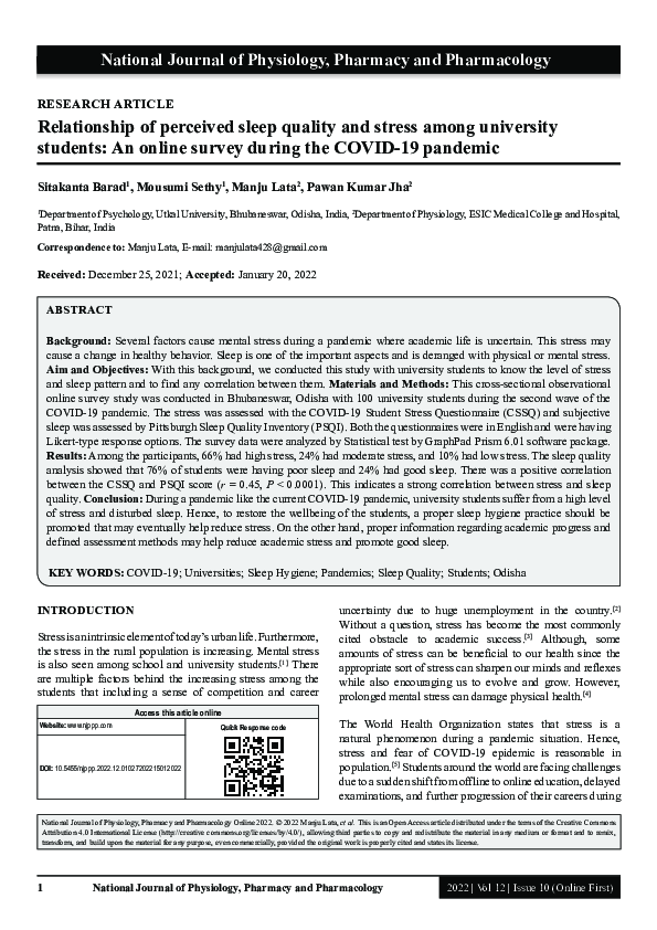 (PDF) Relationship of perceived sleep quality and stress among university students: An online ...