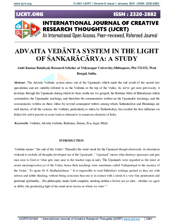 (PDF) Advaita Vedānta System in the Light of Śankarācārya: A Study