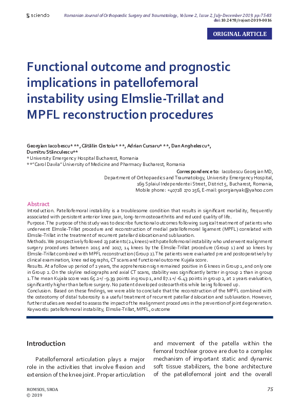 (PDF) Functional outcome and prognostic implications in patellofemoral instability using Elmslie ...