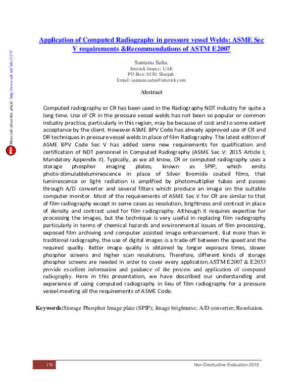 (PDF) Application of Computed Radiography in Pressure Vessel Welds: ASME Sec V Requirements and ...