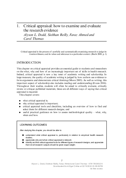 (PDF) Critical appraisal: how to examine and evaluate the research evidence