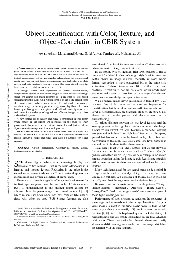 Pdf Object Identification With Color Texture And Object Correlation In Cbir System