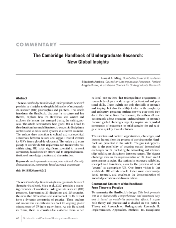 (PDF) The Cambridge Handbook of Undergraduate Research: New Global Insights