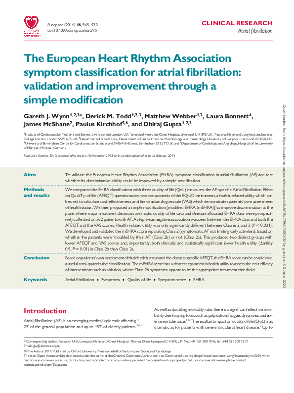 (PDF) The European Heart Rhythm Association symptom classification for ...