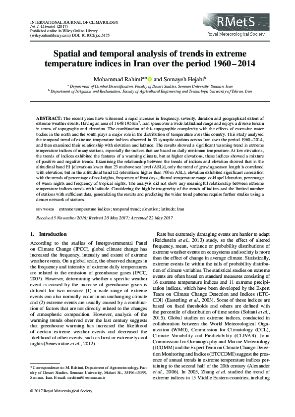 (PDF) Spatial and temporal analysis of trends in extreme temperature indices in Iran over the ...
