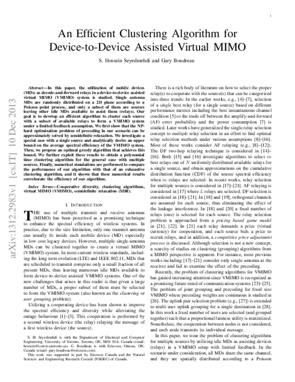 (PDF) An Efficient Clustering Algorithm for Device-to-Device Assisted Virtual MIMO