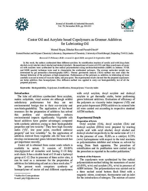 (PDF) Castor Oil and Acrylate based Copolymer as Green Additive for ...