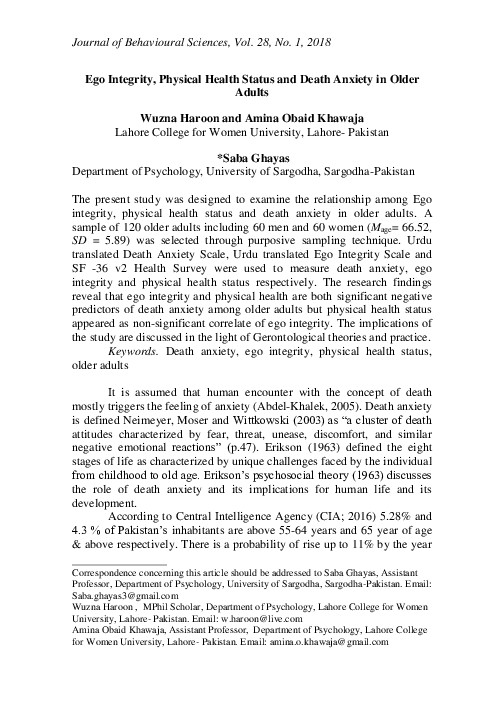 (PDF) Ego Integrity, Physical Health Status and Death Anxiety in Older ...