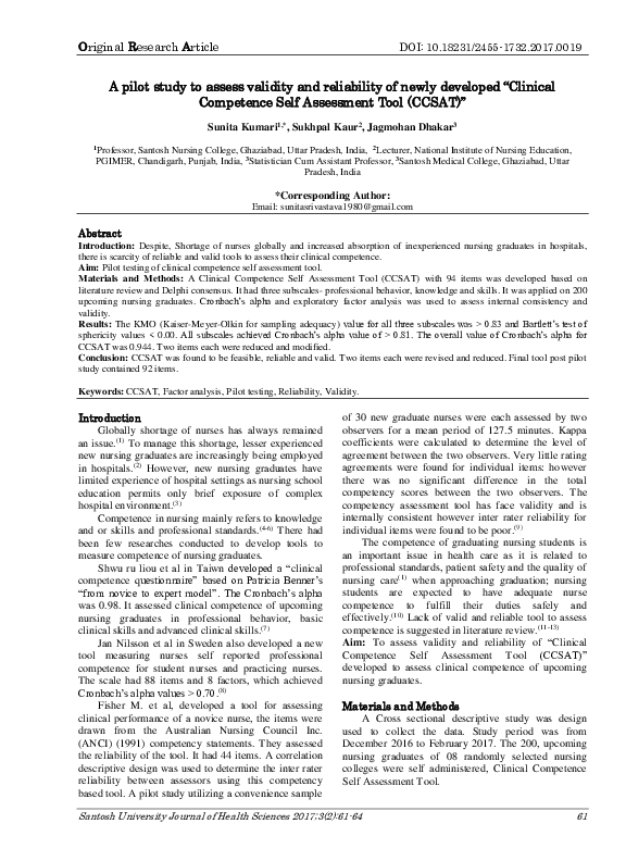 (PDF) A pilot study to assess validity and reliability of newly ...
