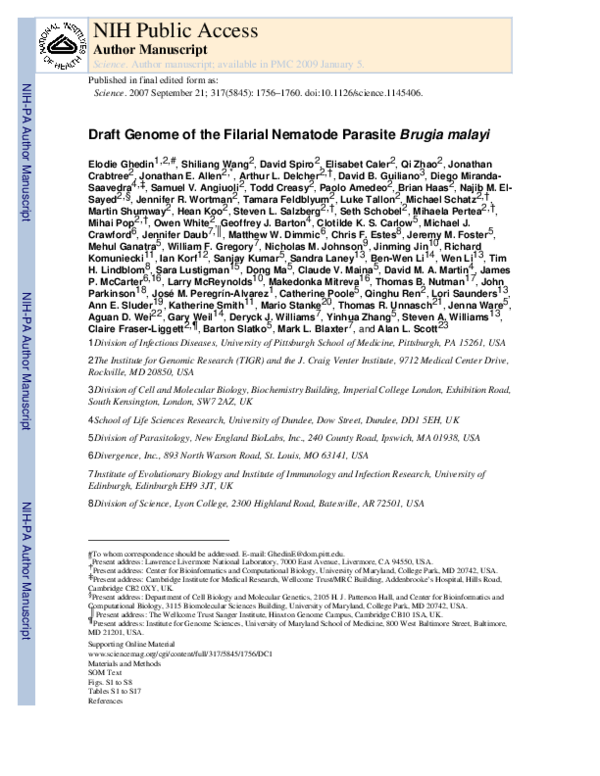 (PDF) Draft genome of the filarial nematode parasite Brugia malayi