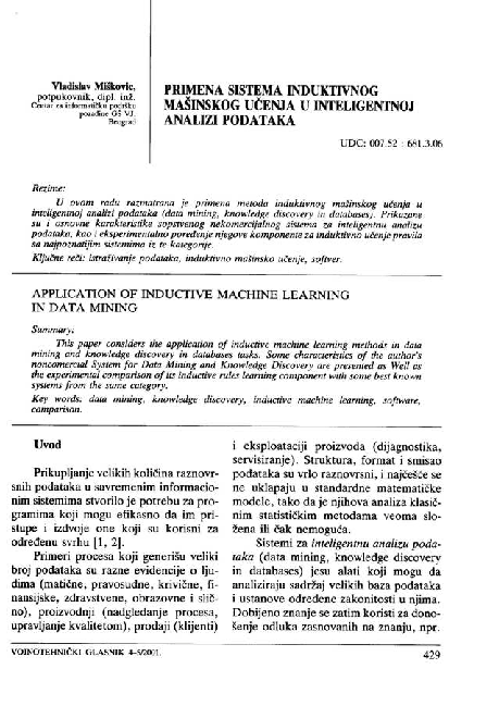 (PDF) Application of inductive machine learning in data mining | Vladislav Miškovic - Academia.edu