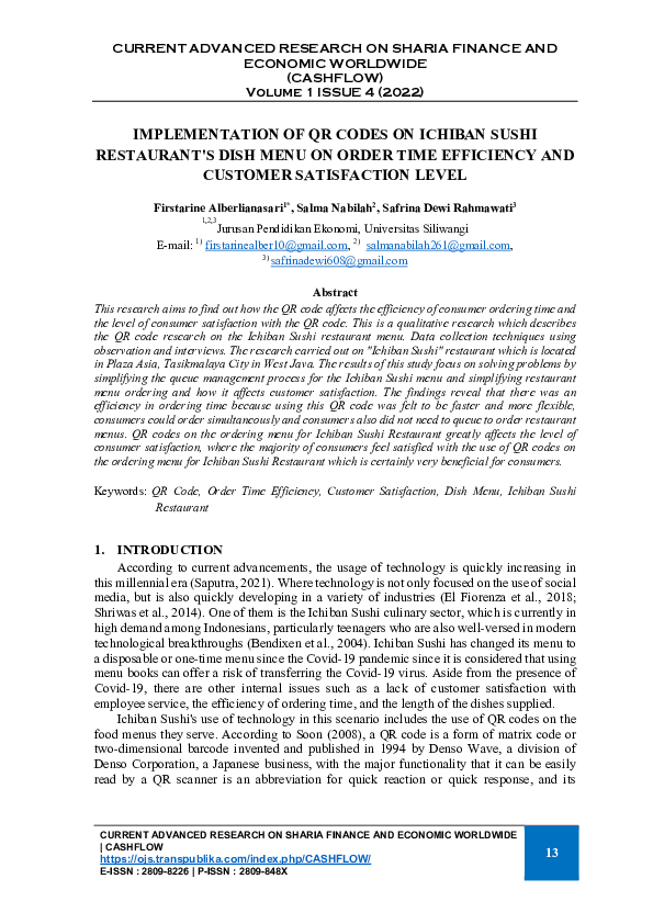 (PDF) Implementation of QR Codes on Ichiban Sushi Restaurant's Dish ...