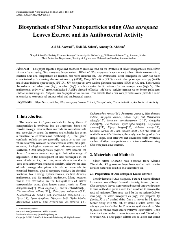 (PDF) Biosynthesis of Silver Nanoparticles using Olea europaea Leaves Extract and its ...