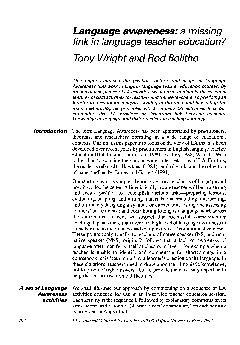 (PDF) Language awareness: a missing link in language teacher education?