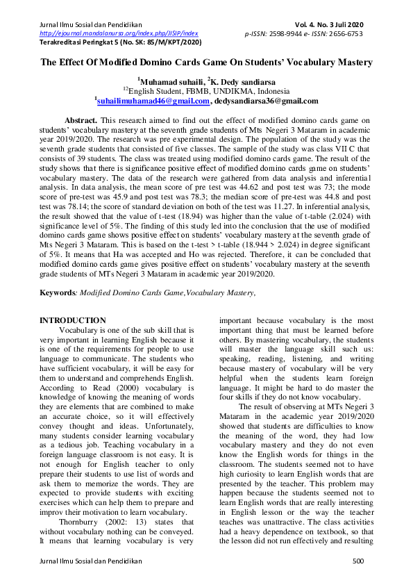 (PDF) The Effect Of Modified Domino Cards Game On Students’ Vocabulary ...