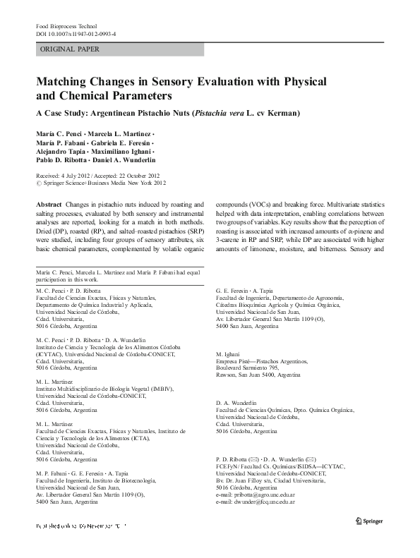 (PDF) Matching Changes in Sensory Evaluation with Physical and Chemical ...