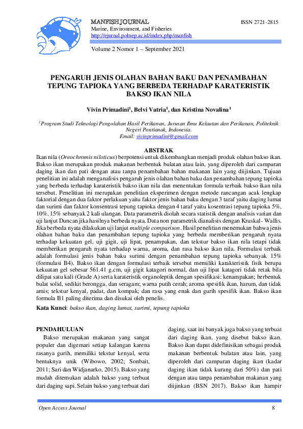 (PDF) Pengaruh Jenis Olahan Bahan Baku Dan Penambahan Tepung Tapioka ...