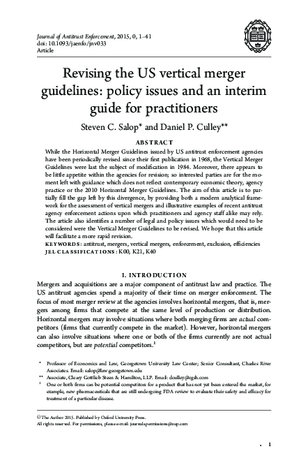 (PDF) Revising the US vertical merger guidelines: policy issues and an ...