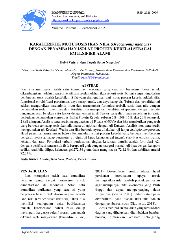 (PDF) Karateristik Mutu Sosis Ikan Nila (Oreochromis niloticus) Dengan ...
