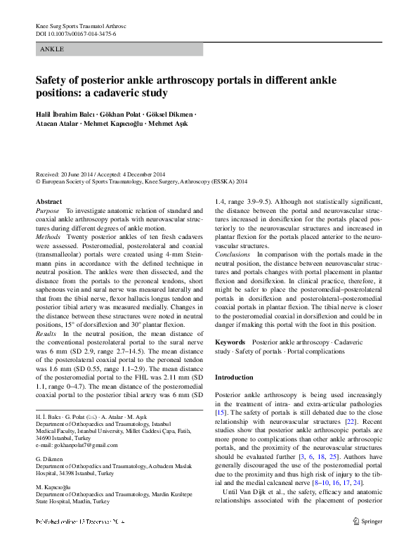 (PDF) Safety of posterior ankle arthroscopy portals in different ankle ...