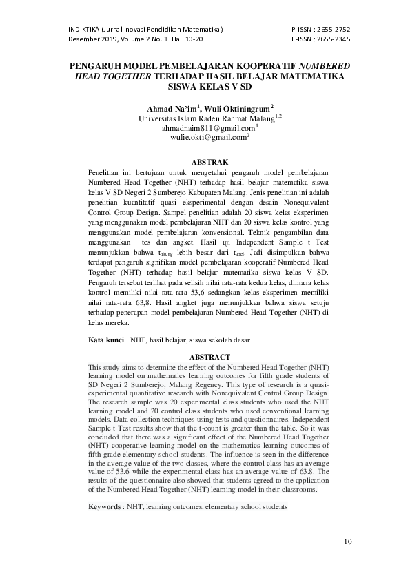 (PDF) Pengaruh Model Pembelajaran Kooperatif Numbered Head Together (NHT) Terhadap Hasil Belajar ...