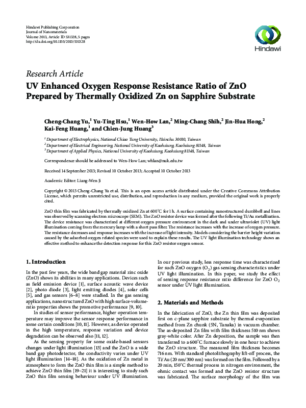 (PDF) UV Enhanced Oxygen Response Resistance Ratio of ZnO Prepared by ...