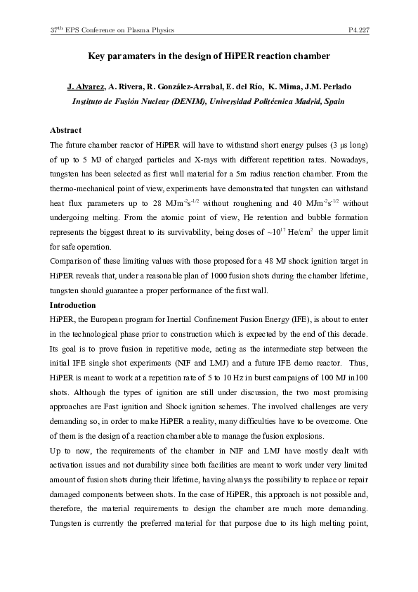 (PDF) Key paramaters in the design of HiPER reaction chamber