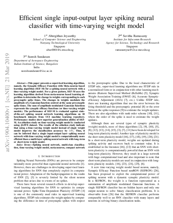 Pdf Efficient Single Input Output Layer Spiking Neural Classifier